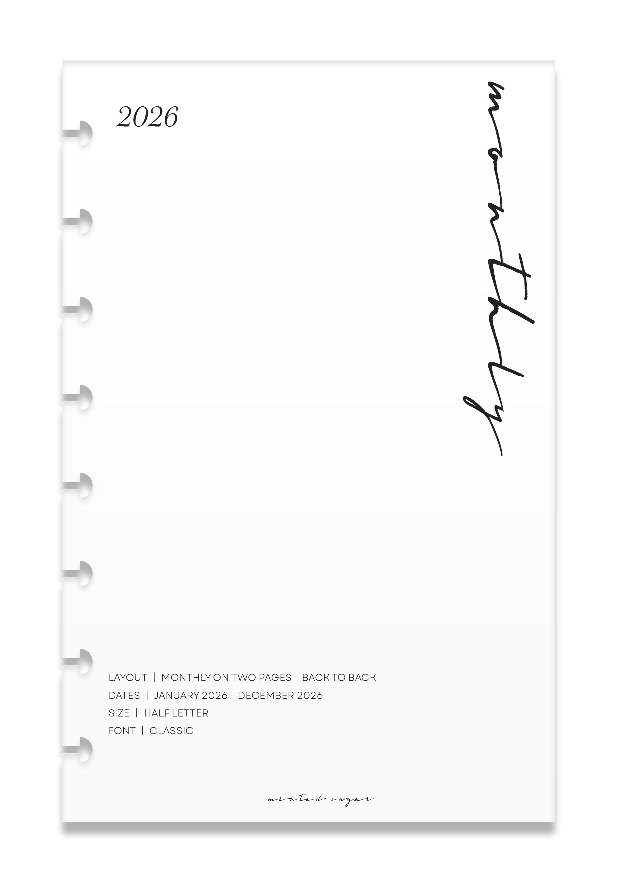 2026 Monthly Insert – Back to Back Layout – Classic Font – Minted Sugar