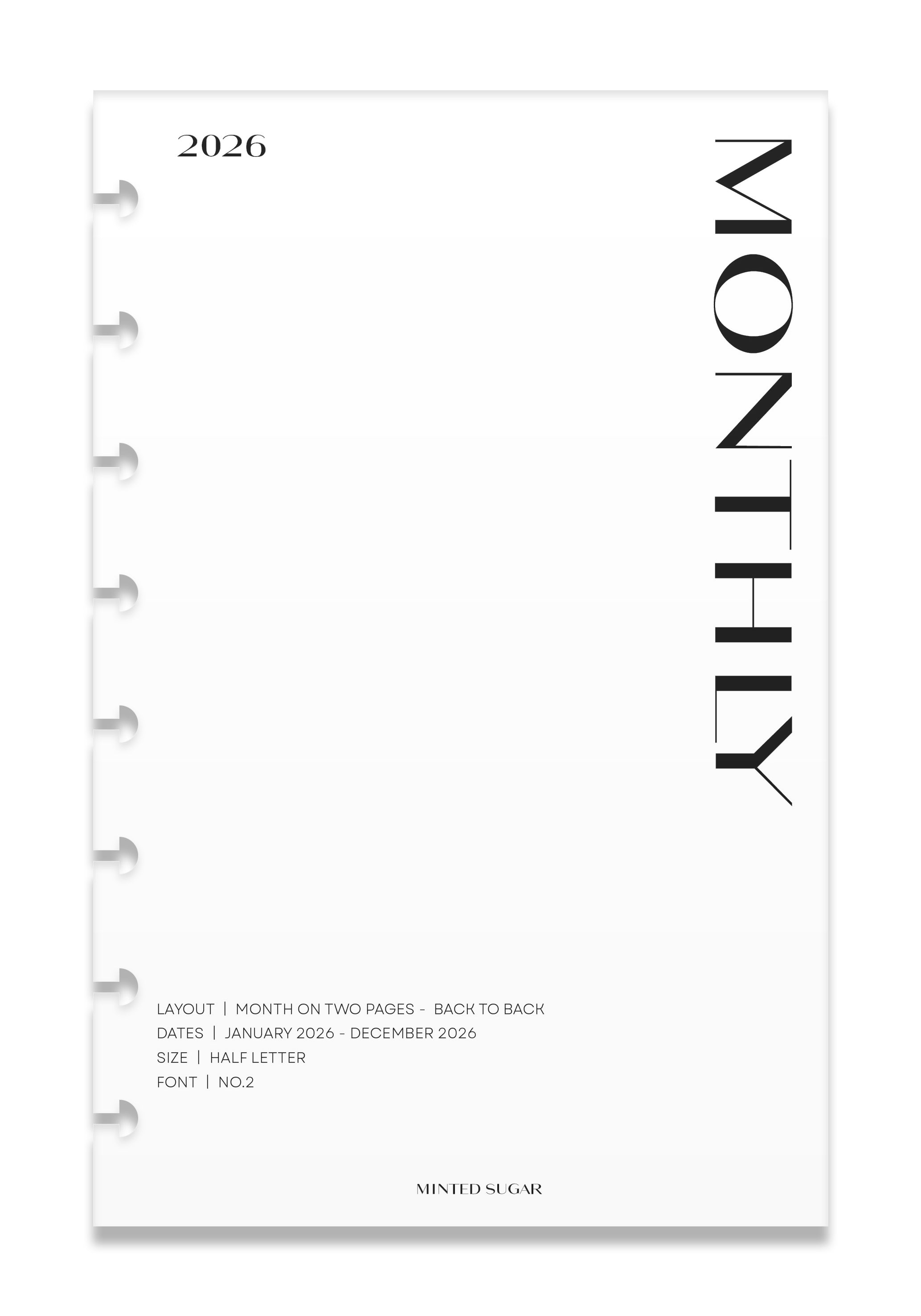 2026 Monthly Insert – Back to Back Layout – No. 2 Font – Minted Sugar